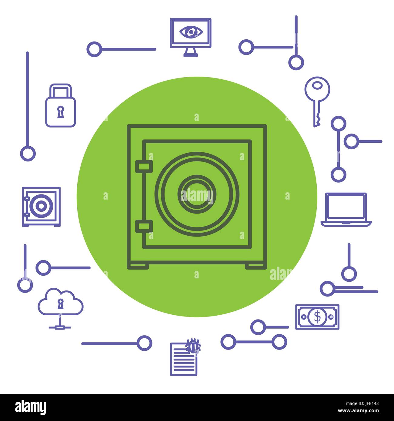 Hand drawn safe icon and cyber security related objects over white background vector ...