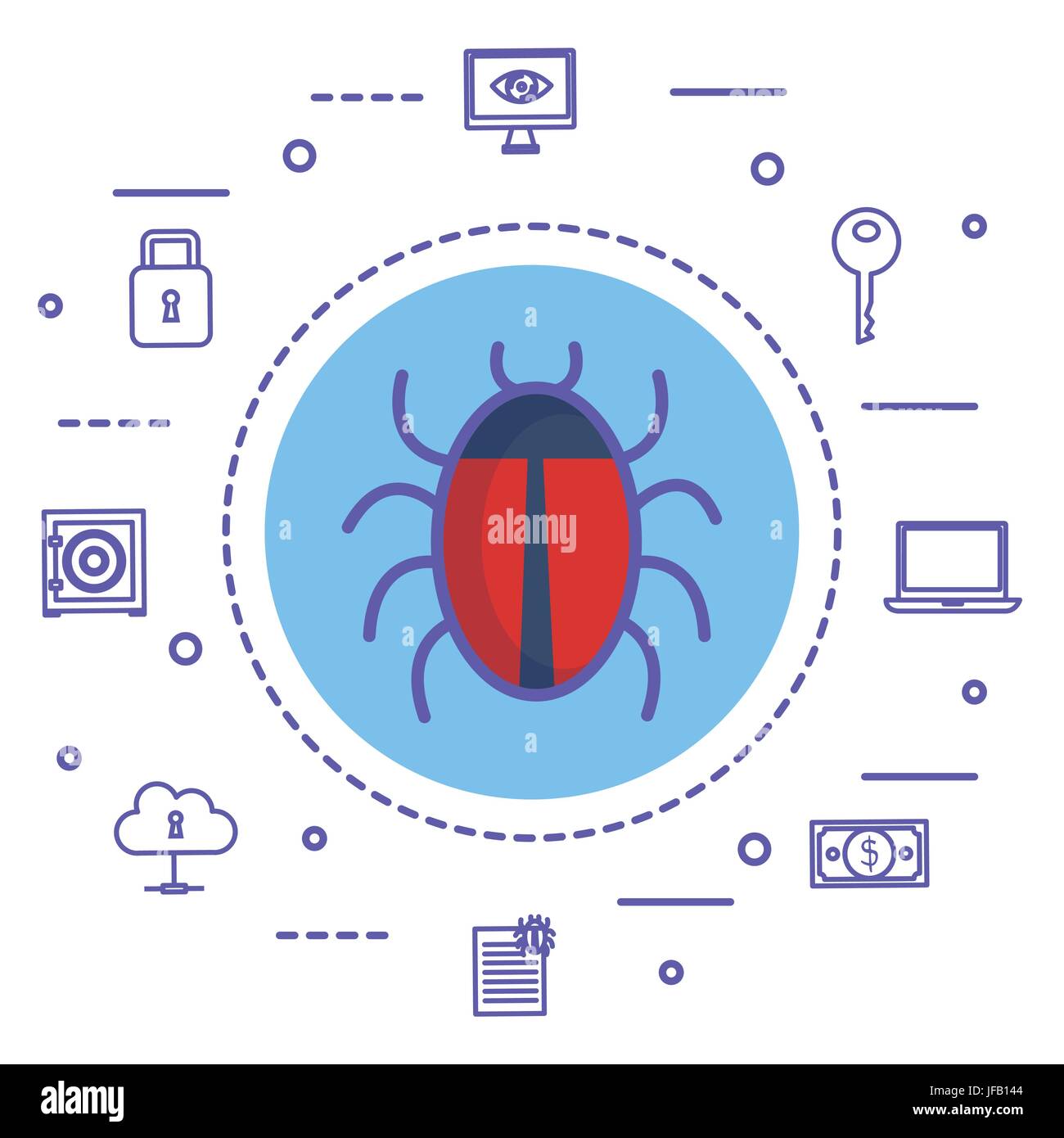Bug sticker and hand drawn cyber security related objects over white background vector ...