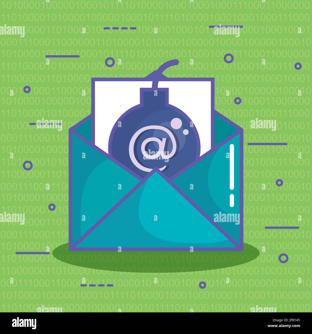 Envelope with bomb and at symbol over green background with binary code vector illustration ...