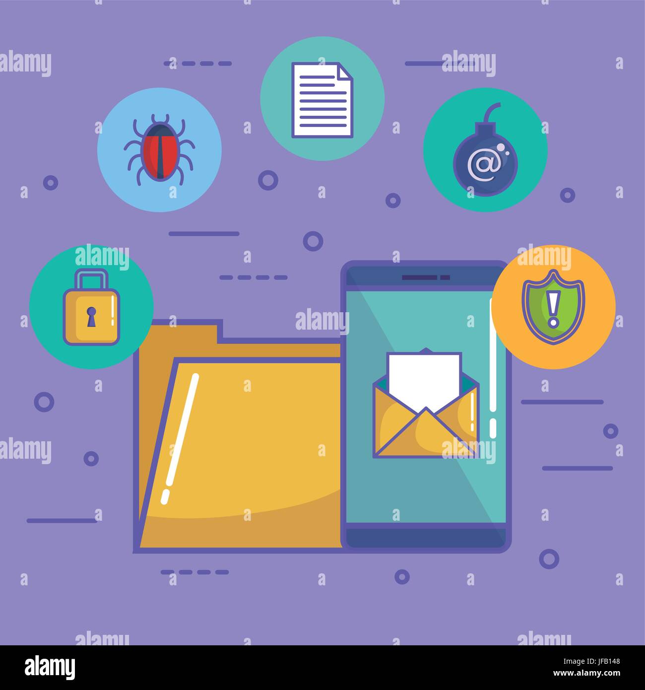 Folder and smartphone with envelope and cyber security related icons ...