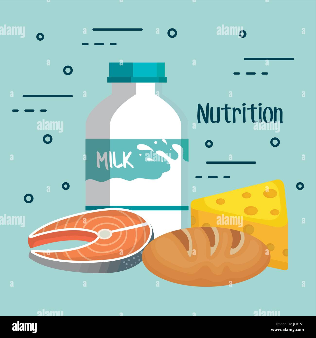 Milk cheese fish and bread loaf over light background vector ...