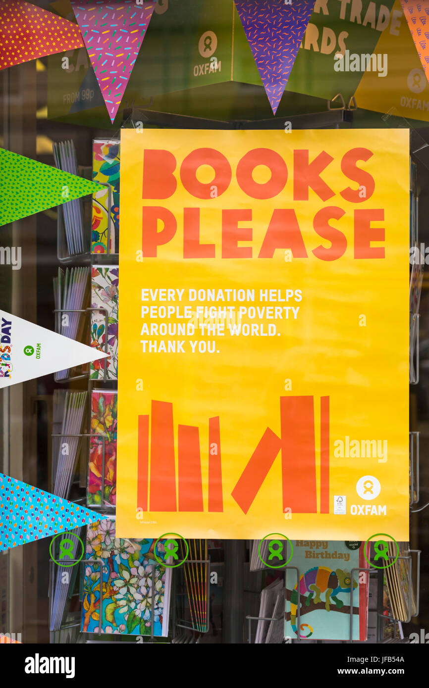 Books please poster in shop window in Oxfam charity store, Marlborough ...