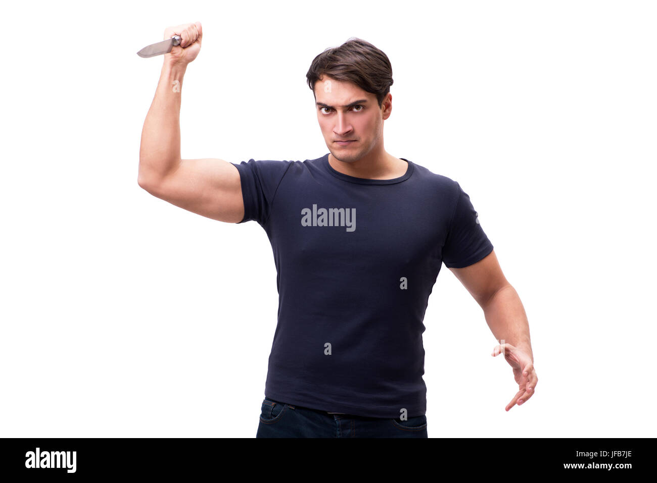 Young mobster with knife isolated on white Stock Photo - Alamy