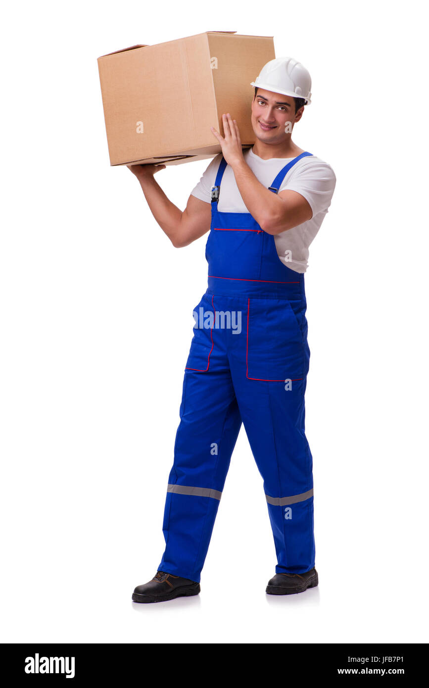 Man with boxes isolated on white Stock Photo - Alamy