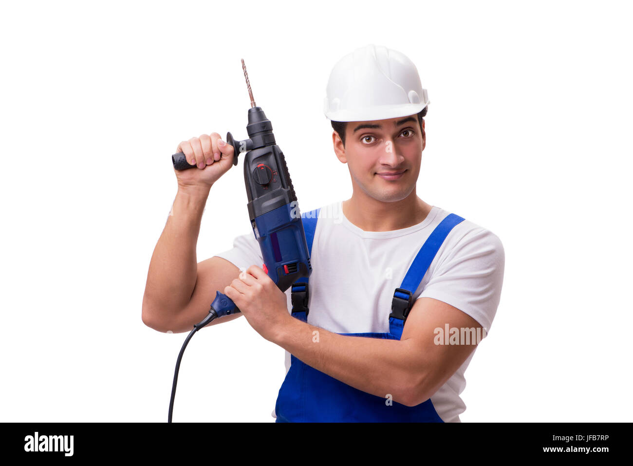 Man with drill isolated on the white Stock Photo - Alamy