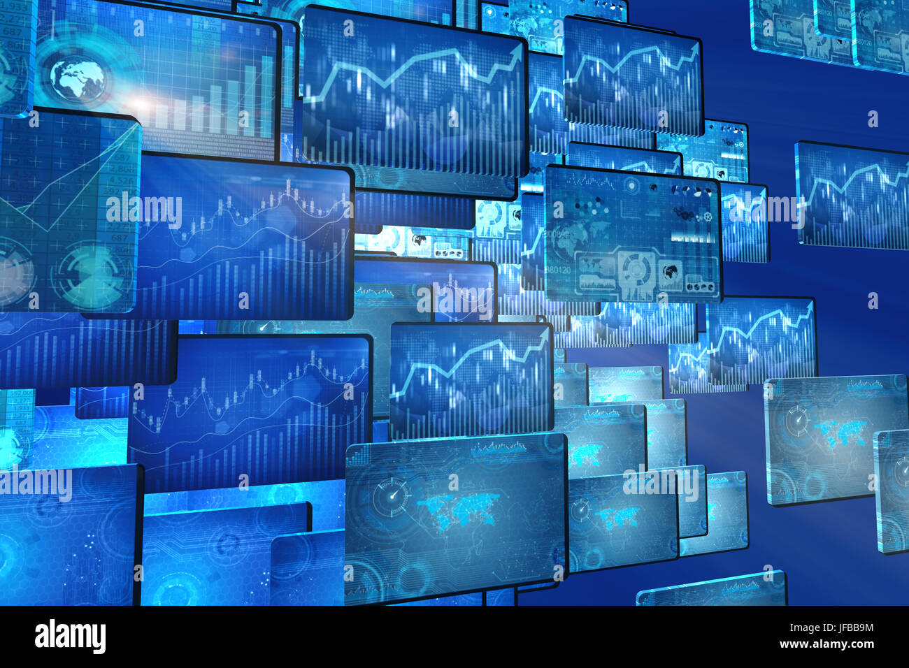 Many screen monitors with charts and graphs Stock Photo - Alamy