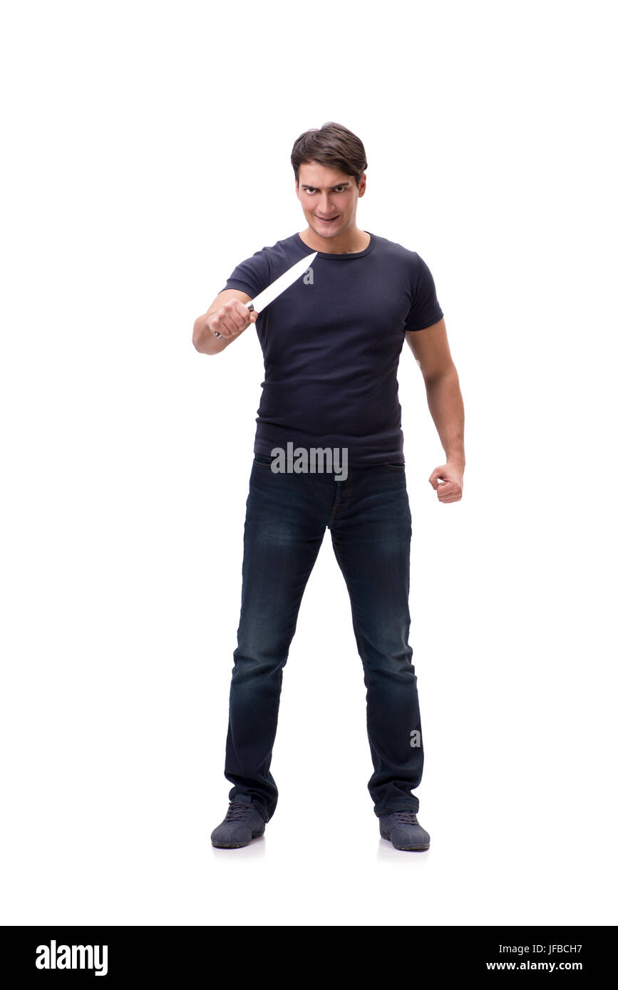 Young mobster with knife isolated on white Stock Photo - Alamy