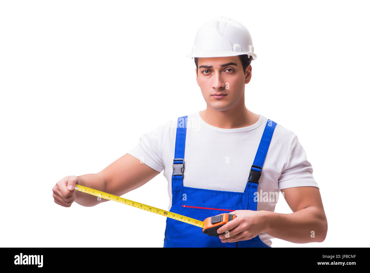 Man with tape measure isolated on white Stock Photo - Alamy