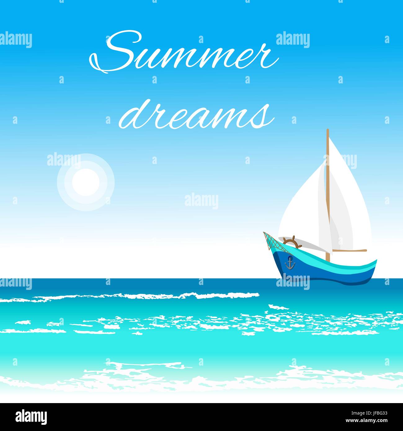 Sea view with cartoon sailboat and sun on the blue sky. Seaside ...