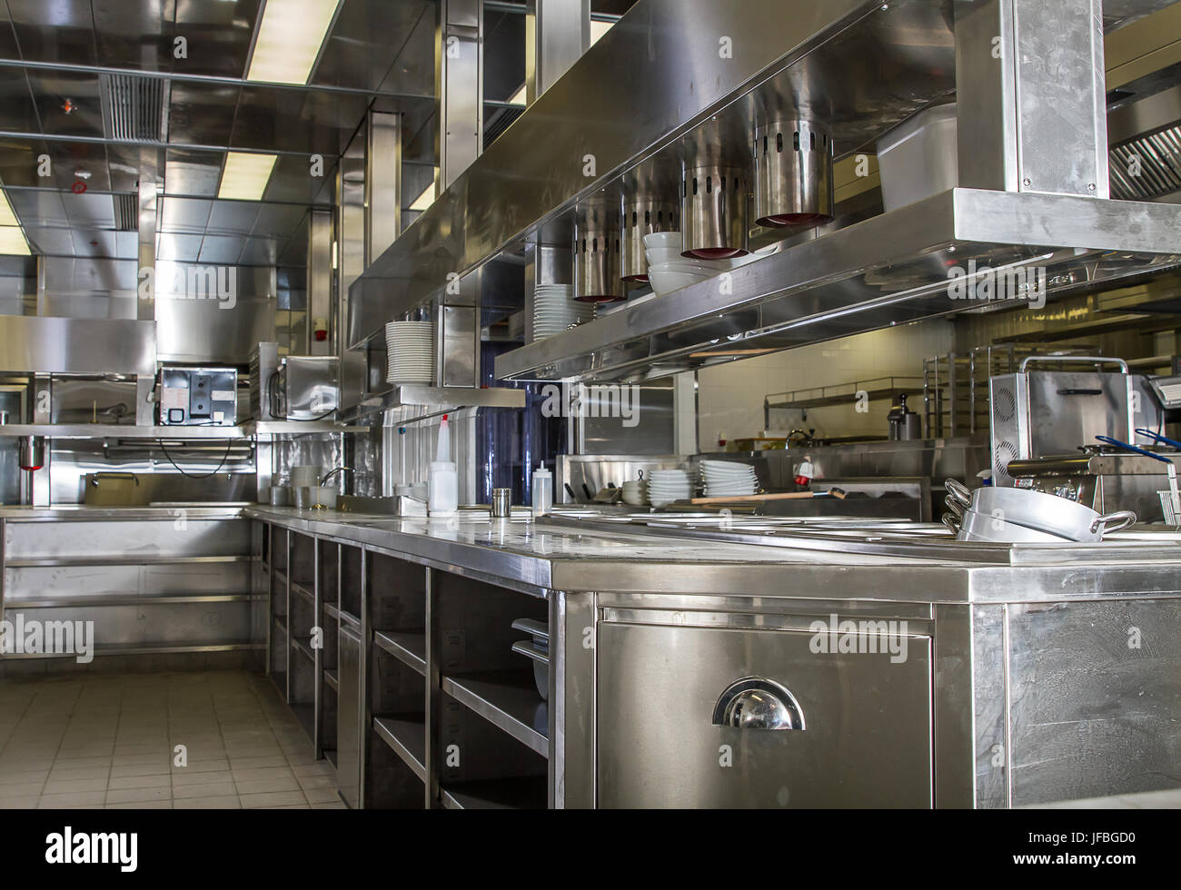 Professional kitchen, view counter in steel Stock Photo - Alamy