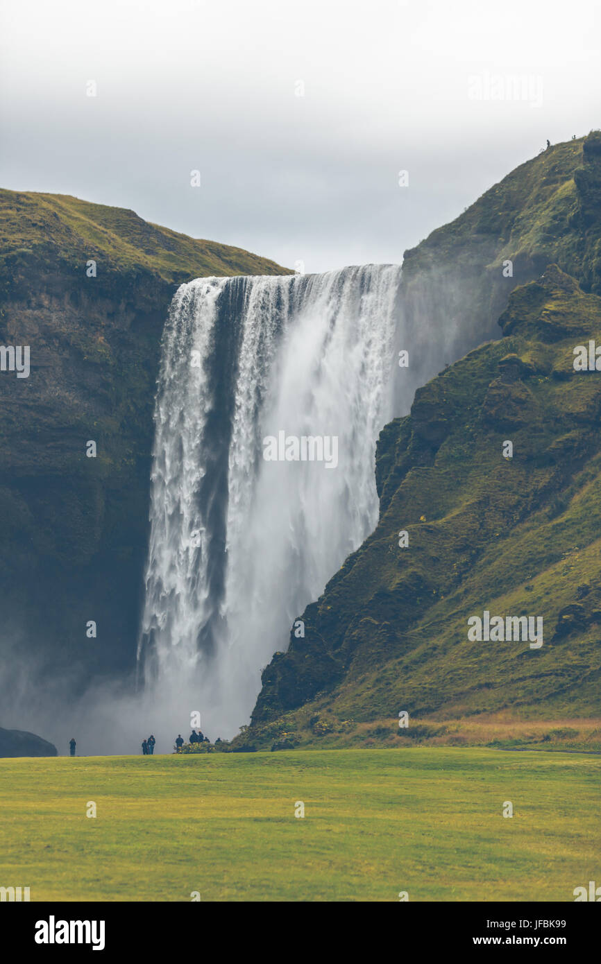 Skogafoss Waterfall, southern part of Iceland, at overcast weather ...