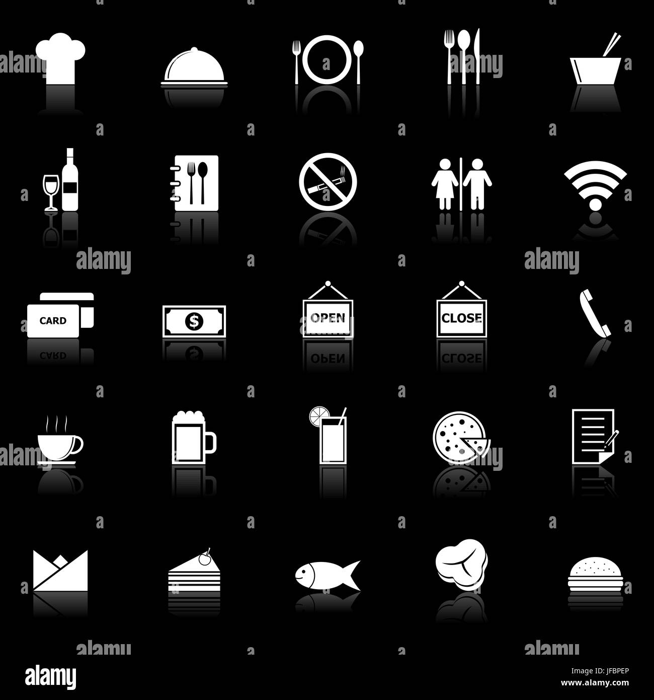 Restaurant icons with reflect on black background Stock Vector Image ...