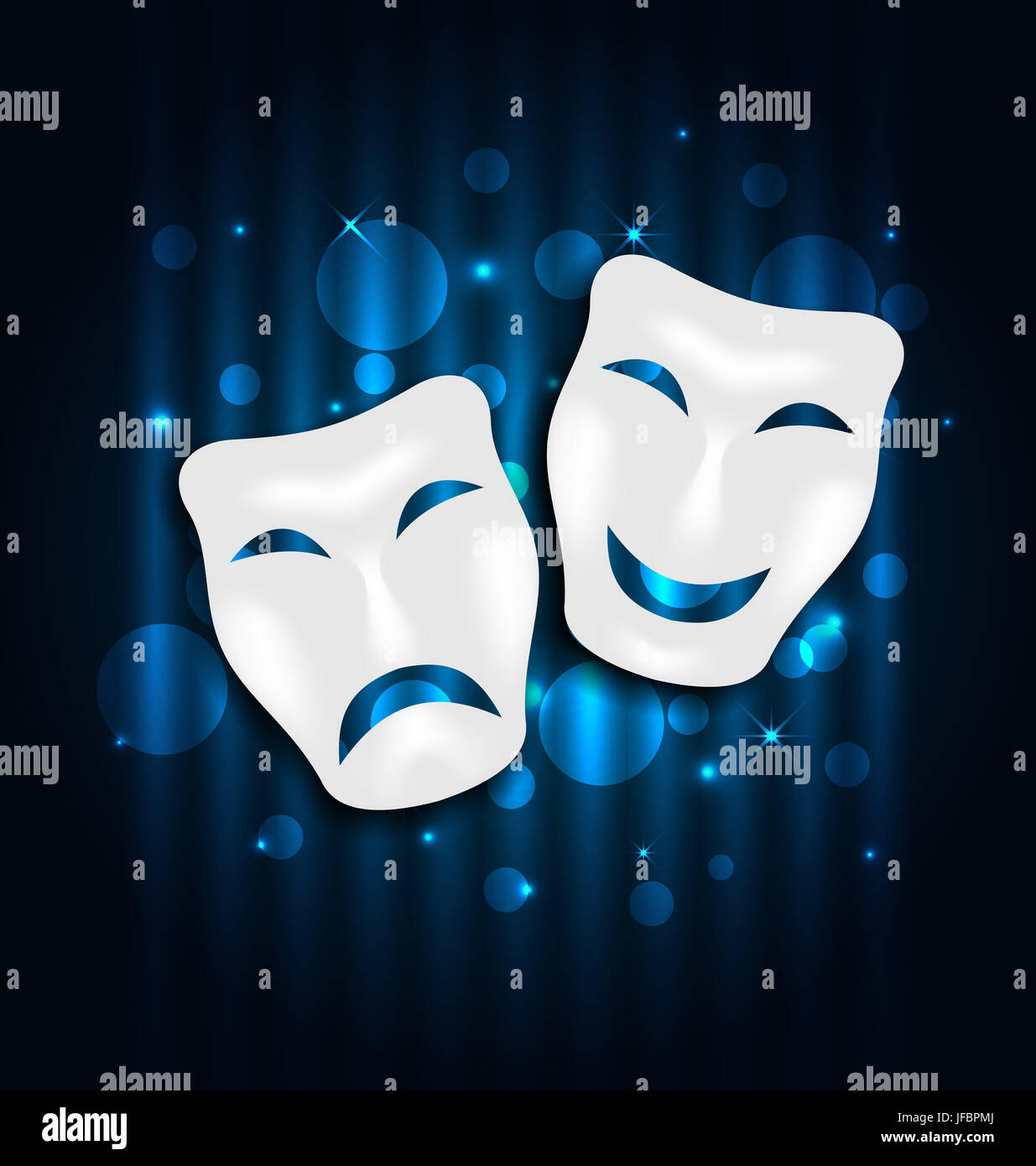Illustration comedy and tragedy theatre masks on blue shimmering ...