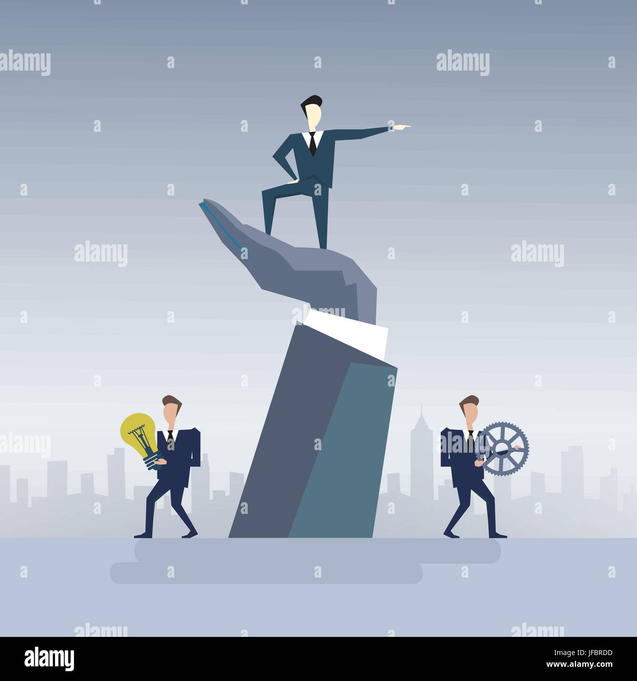 Business Man Standing On Big Businessman Hand Point Finger Leader Of ...