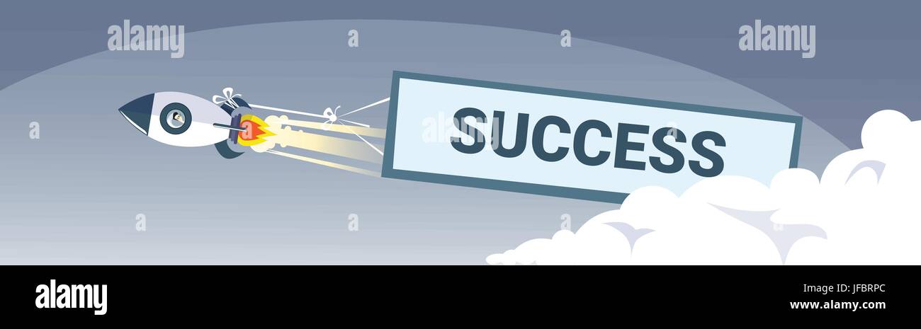 Flying Space Ship Rocket With Success Banner New Stratup Successful ...