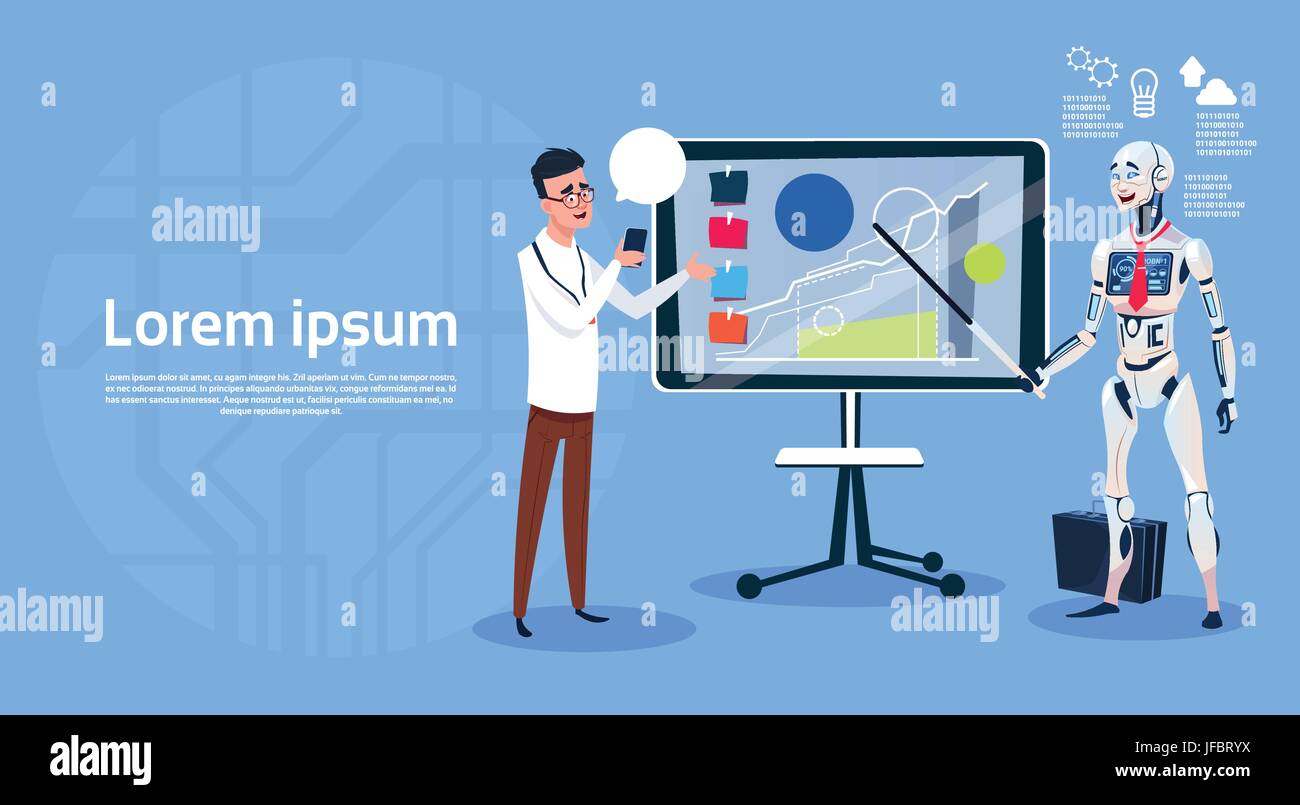 Modern Robot And Man Leading Presentation On Digital Screen Futuristic ...