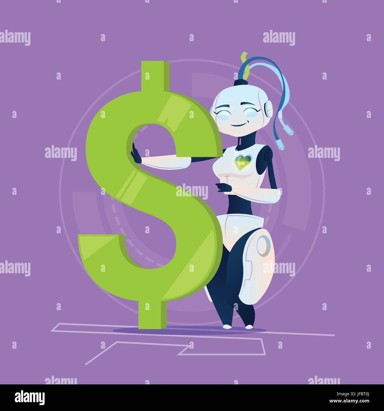 Cute Female Robot Hold Dollar Mobile Payment Online Shopping Modern ...