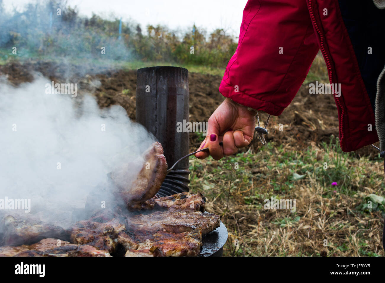 Grilling meat on wood stove Stock Photo - Alamy