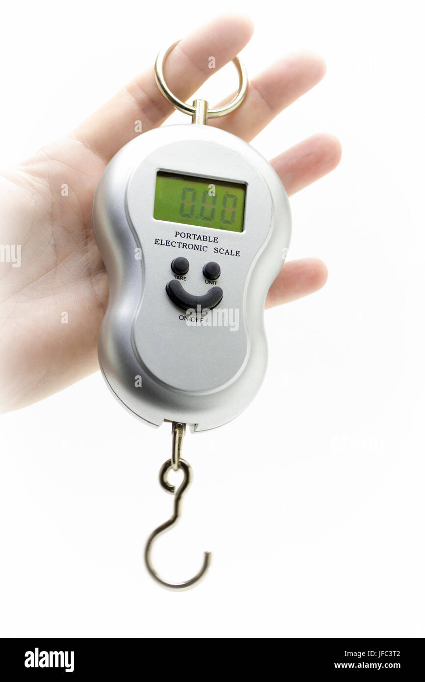 Hand scales close-up in a hand on a white background Stock Photo - Alamy