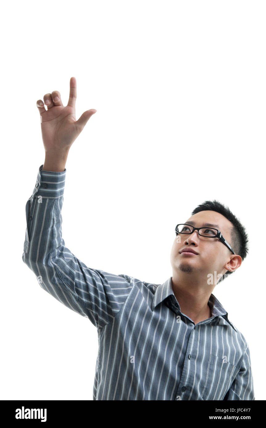 Asian businessman hand pointing on transparent glass, standing isolated ...