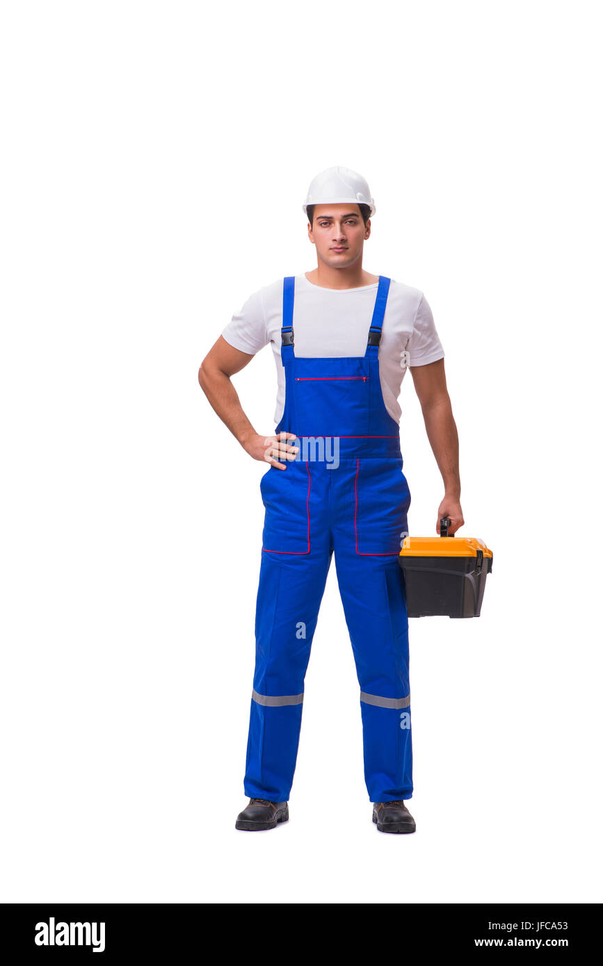 Man with toolbox isolated on white Stock Photo - Alamy