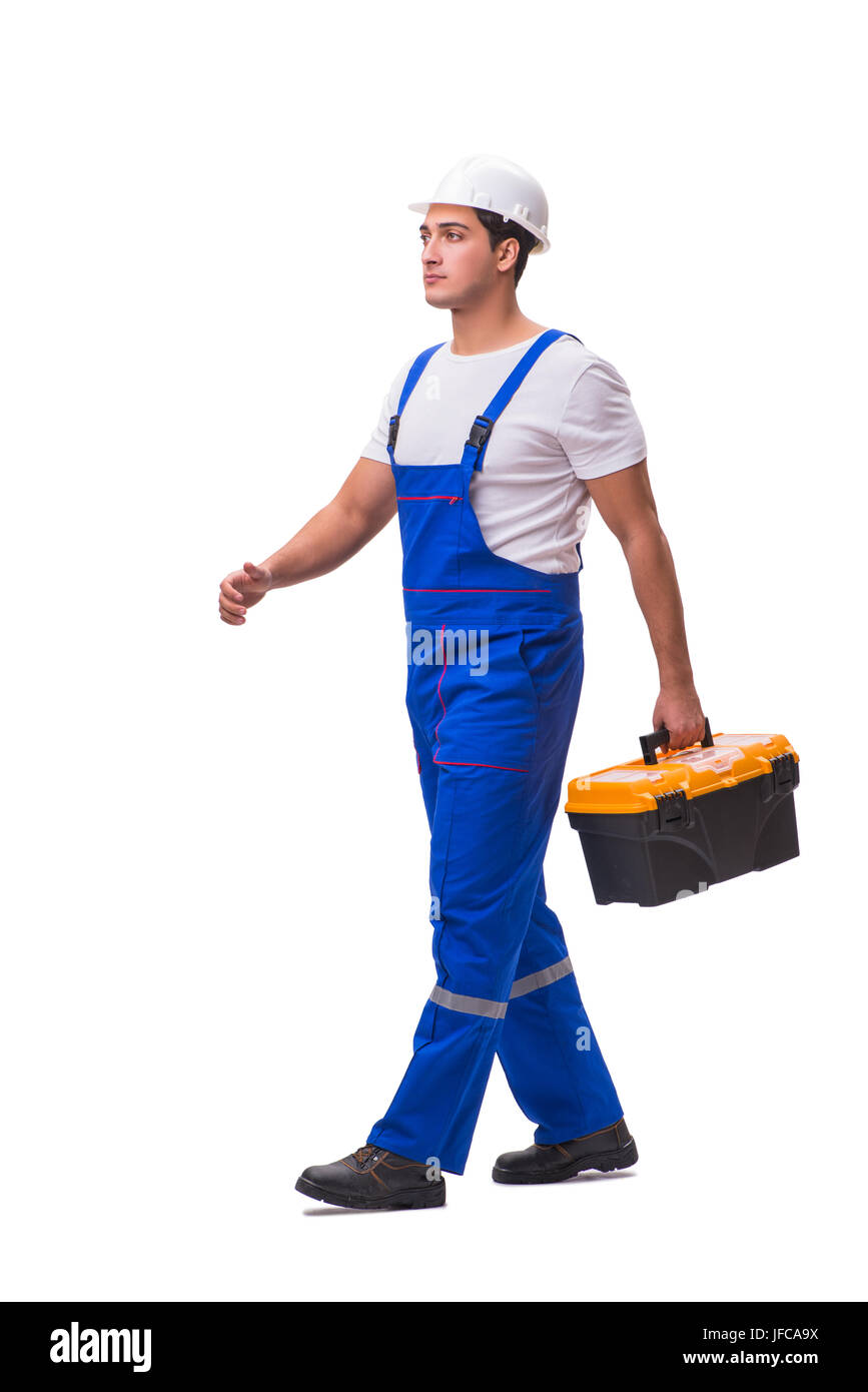 Man with toolbox isolated on white Stock Photo - Alamy