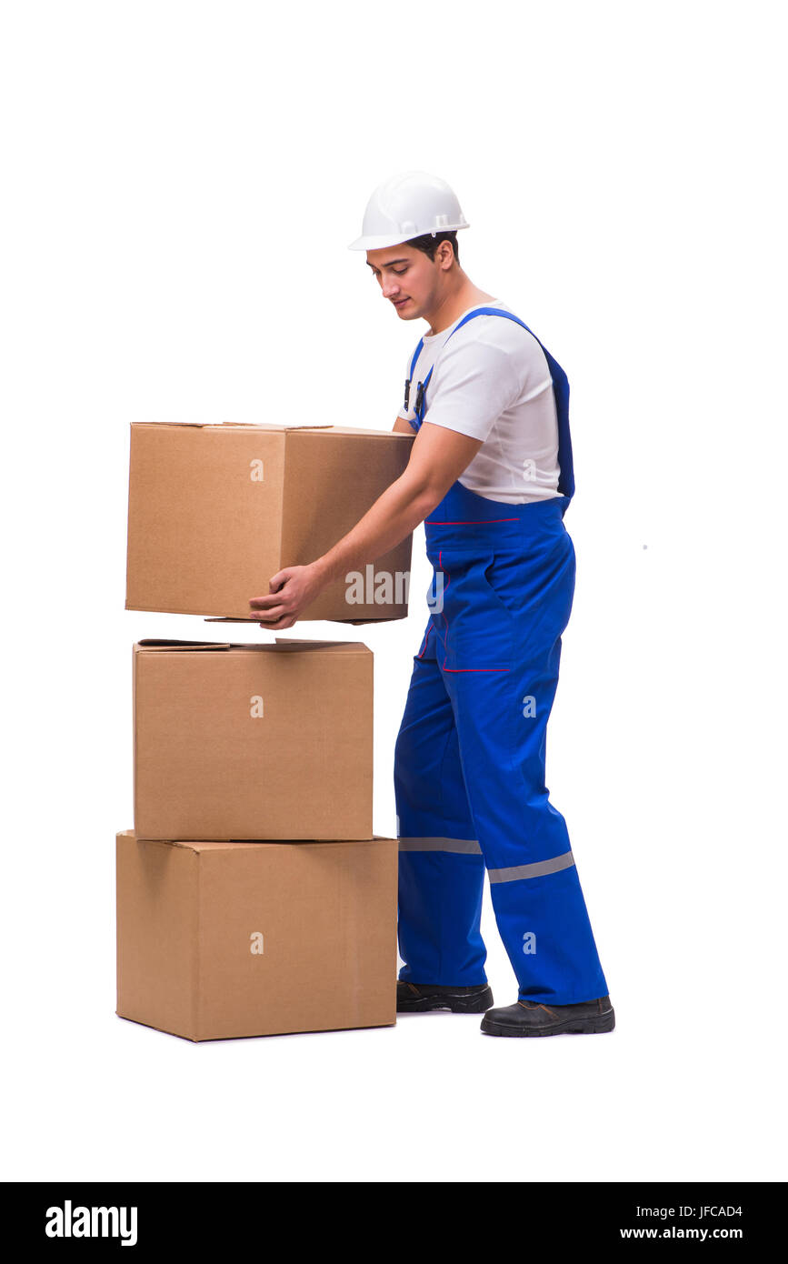 Man delivering box isolated on white Stock Photo - Alamy