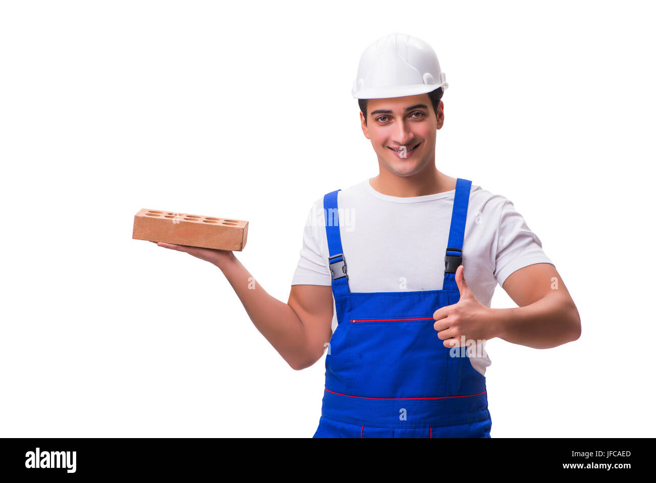 Man with brick isolated on white Stock Photo - Alamy