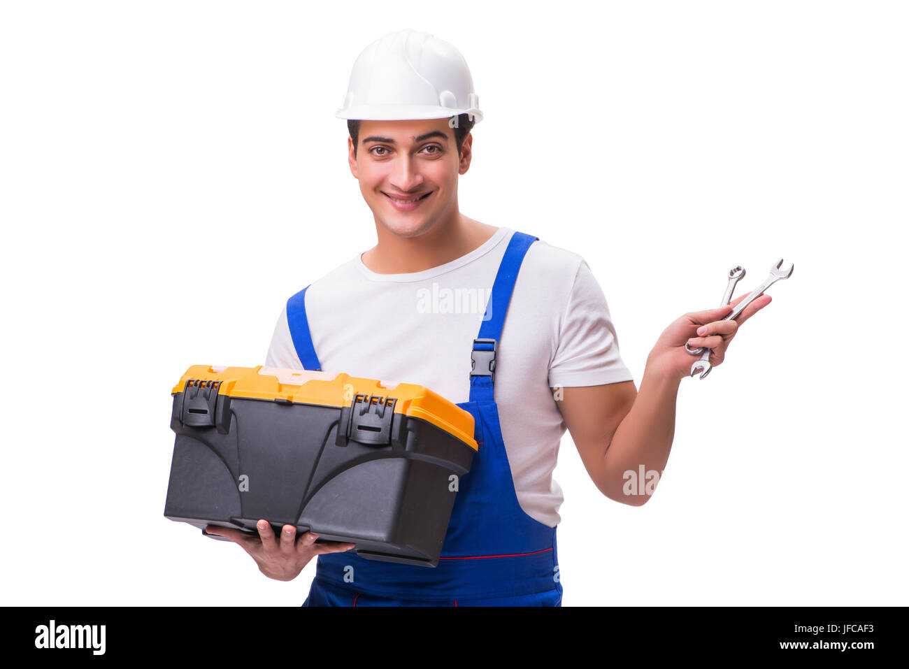Man with toolbox isolated on white Stock Photo - Alamy