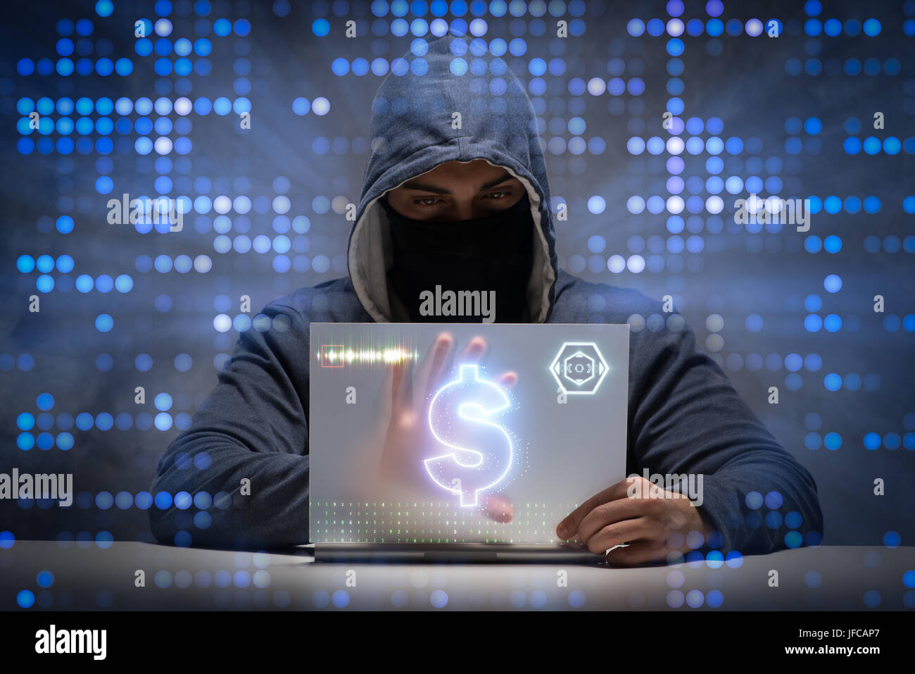 Hacker stealing dollars from bank Stock Photo - Alamy