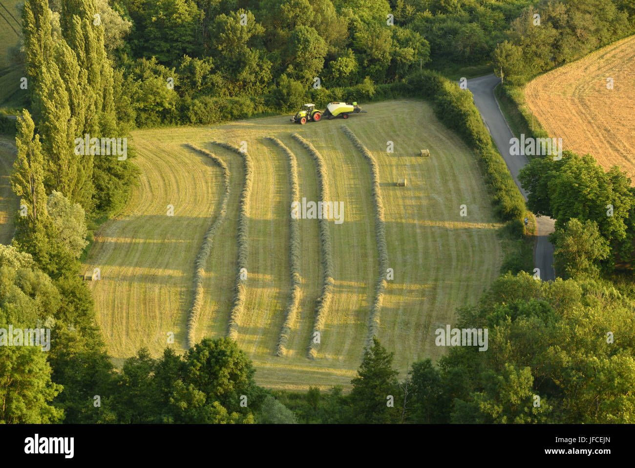 Farms scape with tractor reaping crop Stock Photo - Alamy