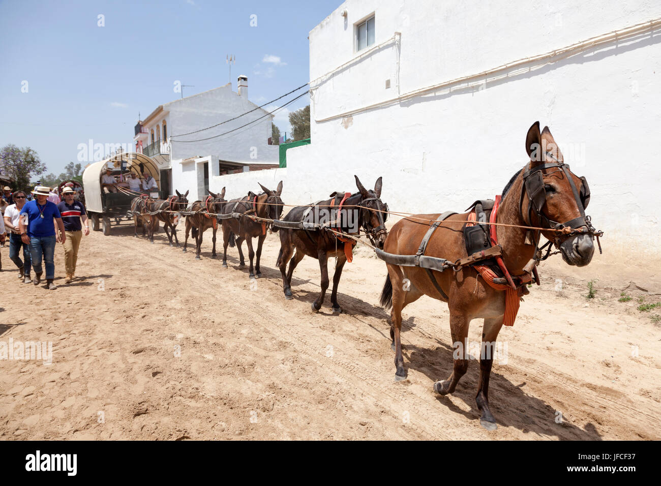 El Rocio, Spain - June 2, 2017: Pilgrims with a donkey cart with seven ...