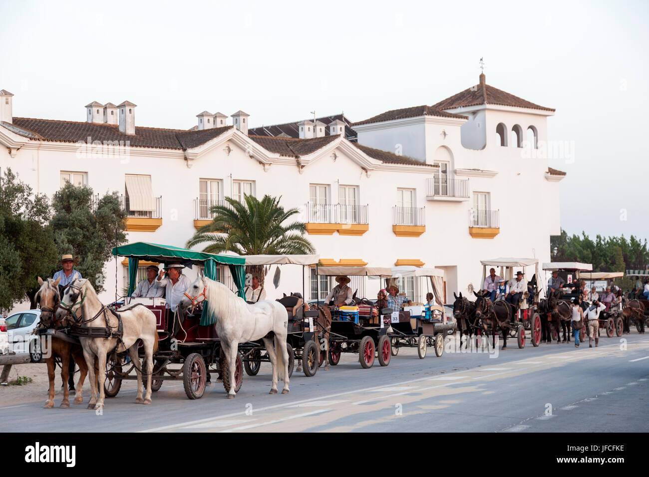 El Rocio, Spain - June 1, 2017: Pilgrims in horse-drawn carriages in El ...