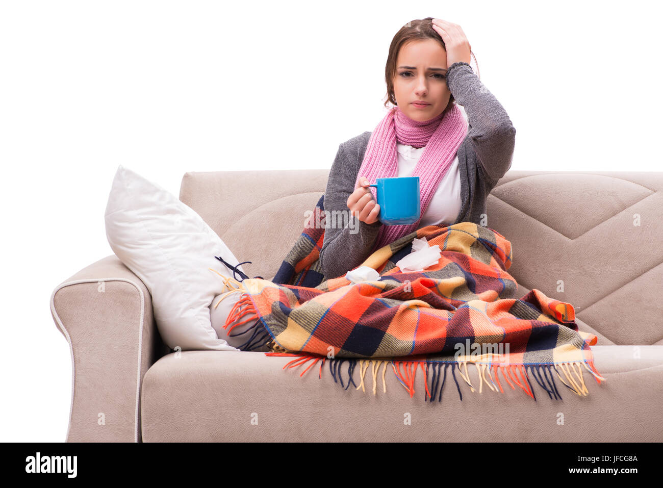 Young woman drinking tea during fever Stock Photo - Alamy