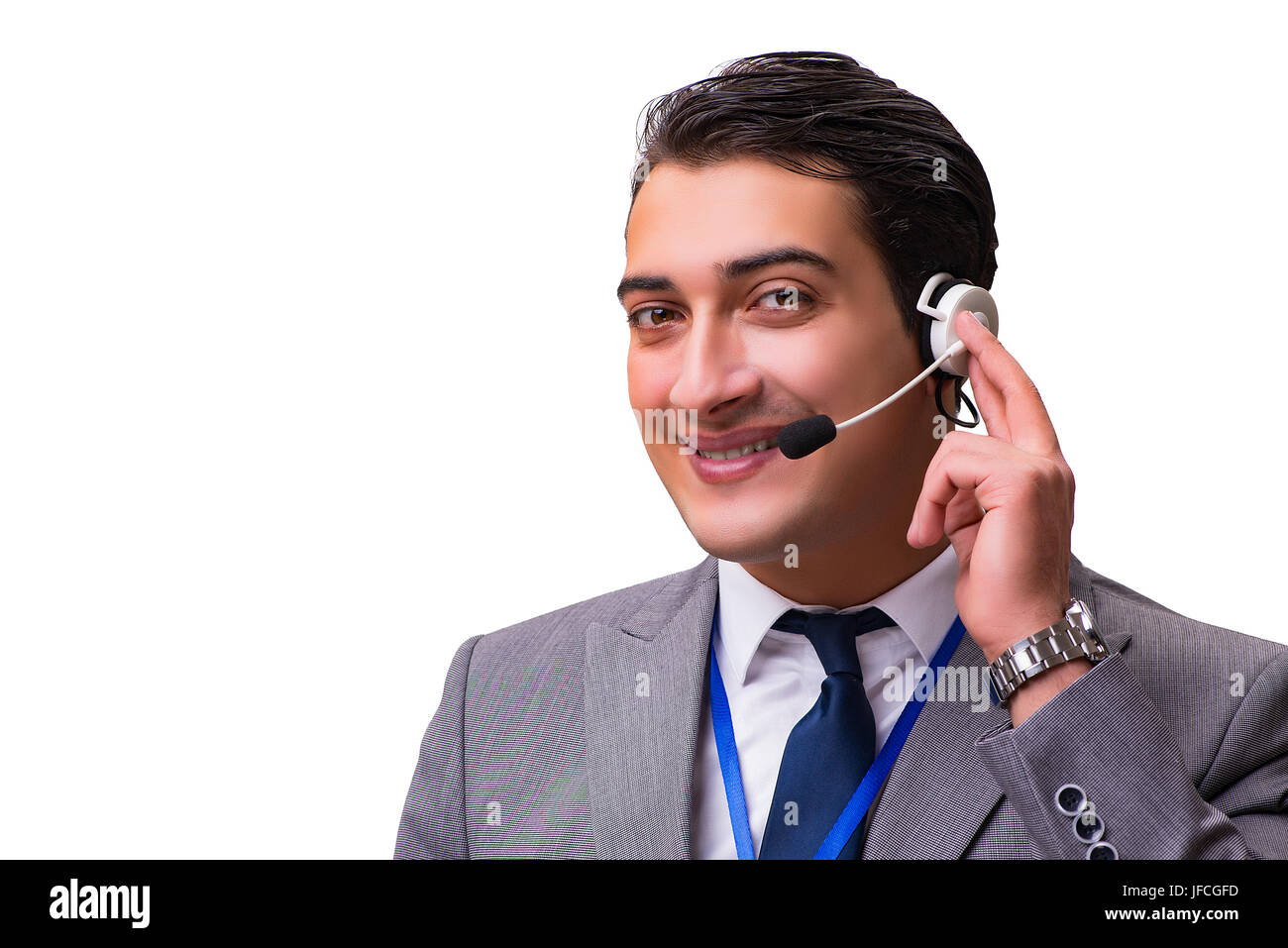 Handsome man with headset isolated on white Stock Photo - Alamy
