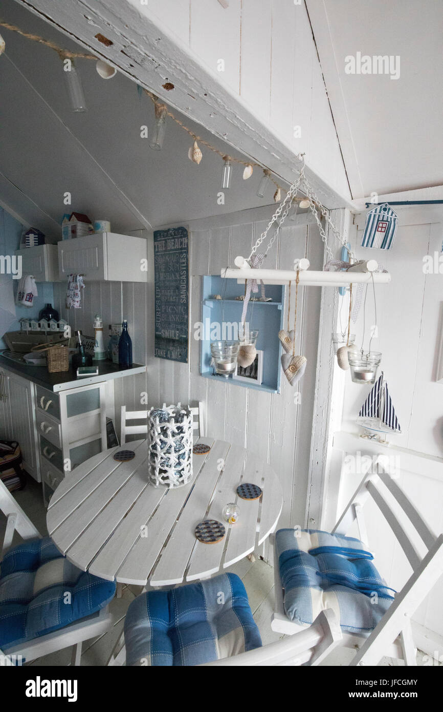 Interior of British Beach Hut Stock Photo - Alamy