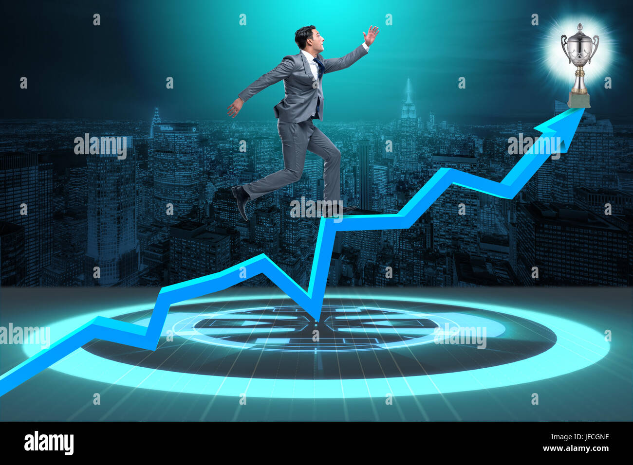 Businessman running towards prize cup trophy Stock Photo - Alamy