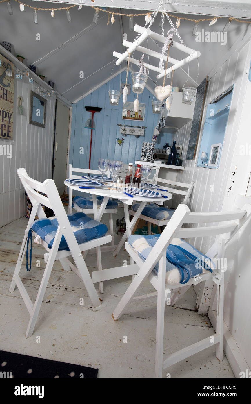 Interior of British Beach Hut Stock Photo - Alamy