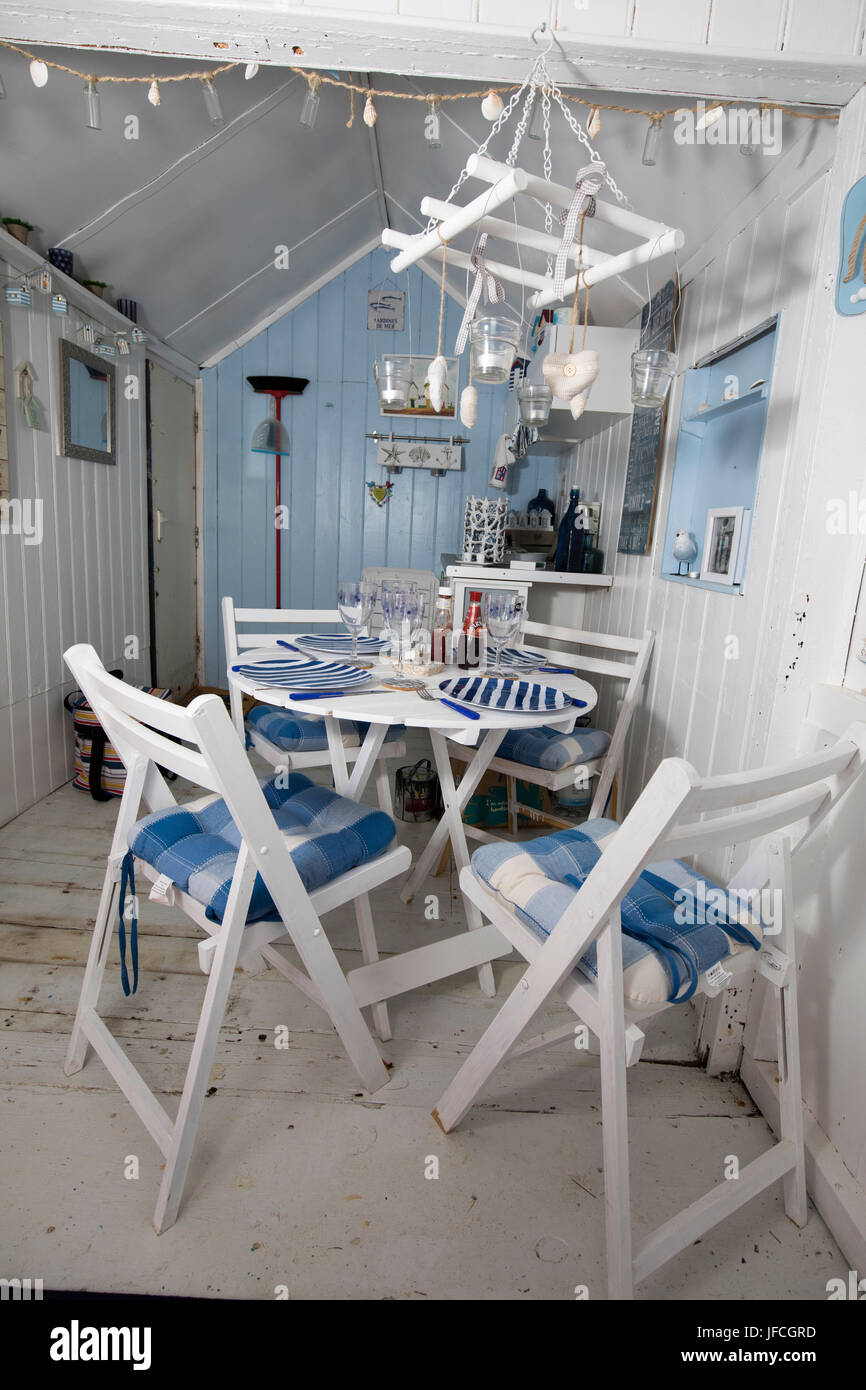Interior of British Beach Hut Stock Photo - Alamy