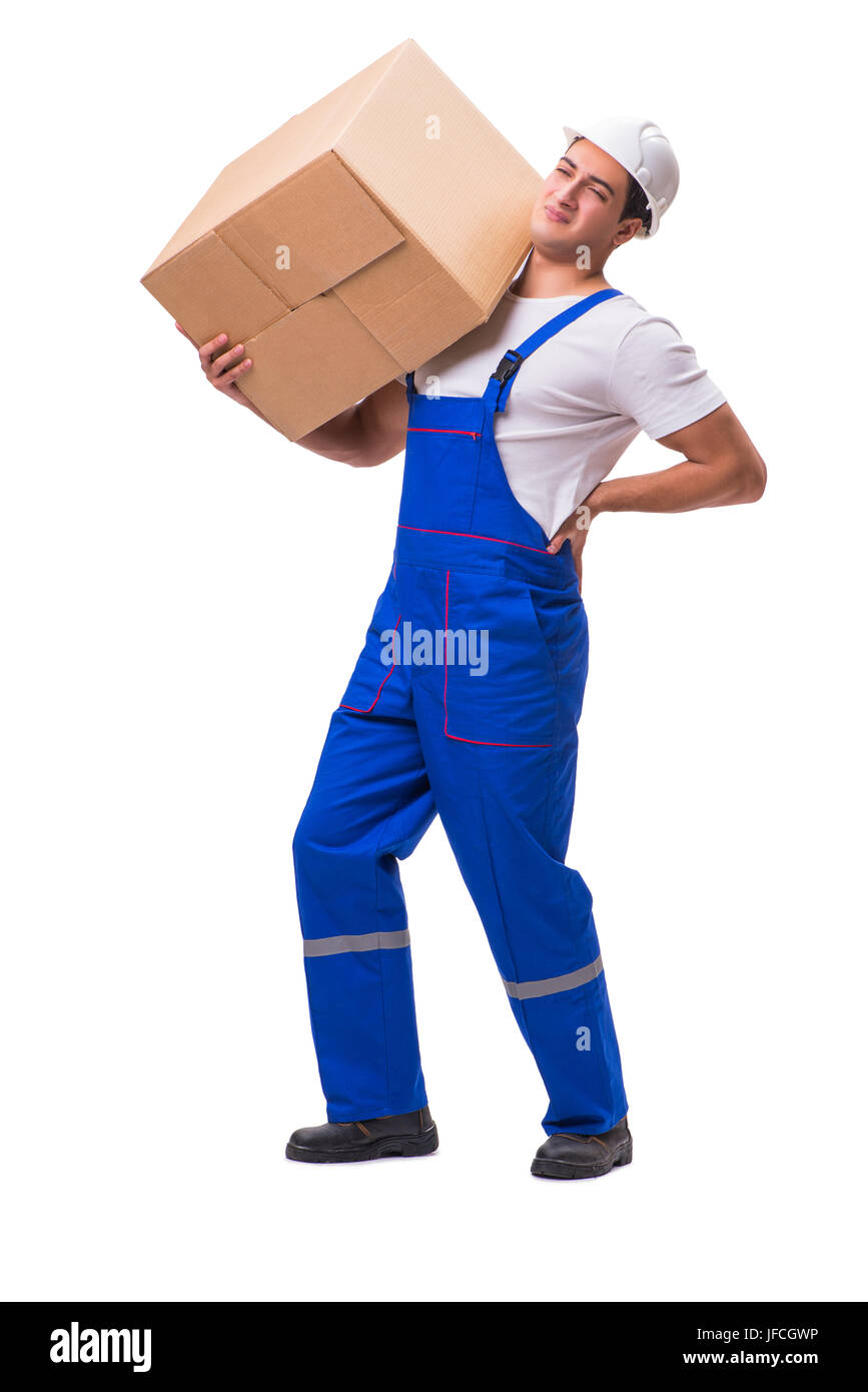 Man delivering box isolated on white Stock Photo - Alamy