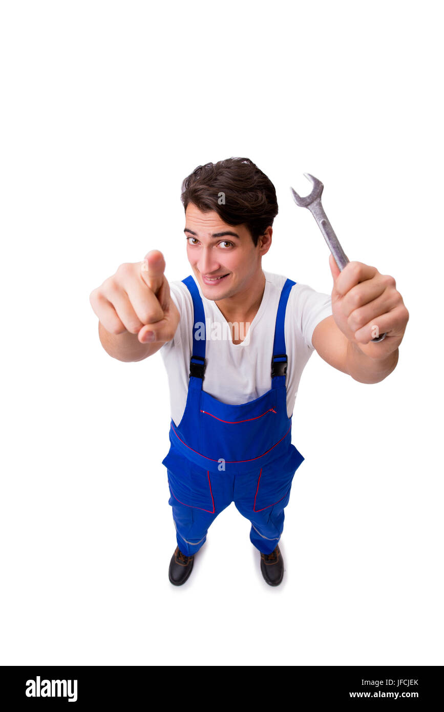 Funny repairman with tools isolated on white Stock Photo - Alamy