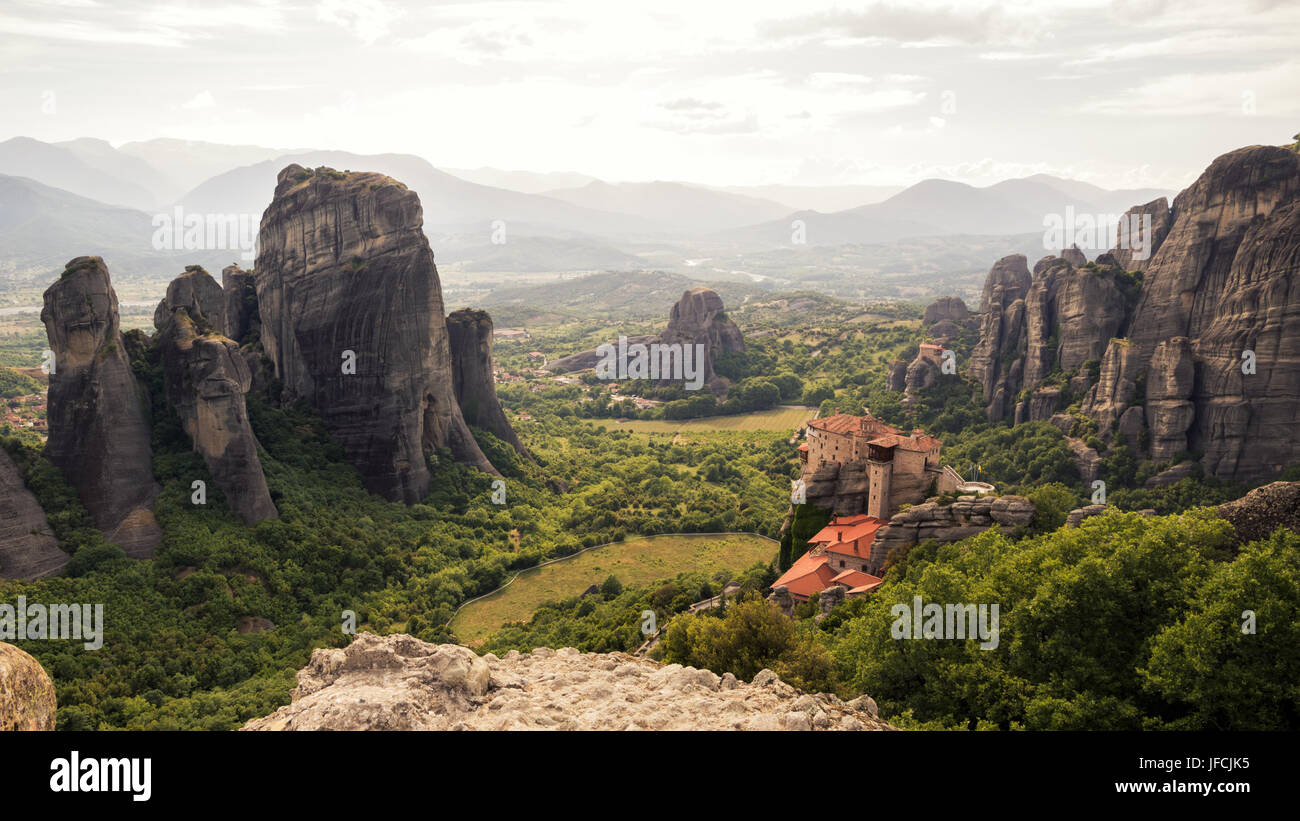 Landscape view of Meteora rock formations and it's monasteries in the ...