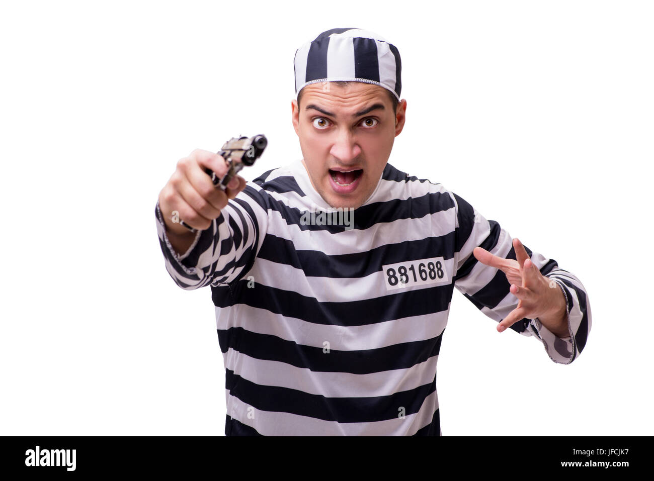 Man prisoner with gun isolated on white Stock Photo - Alamy