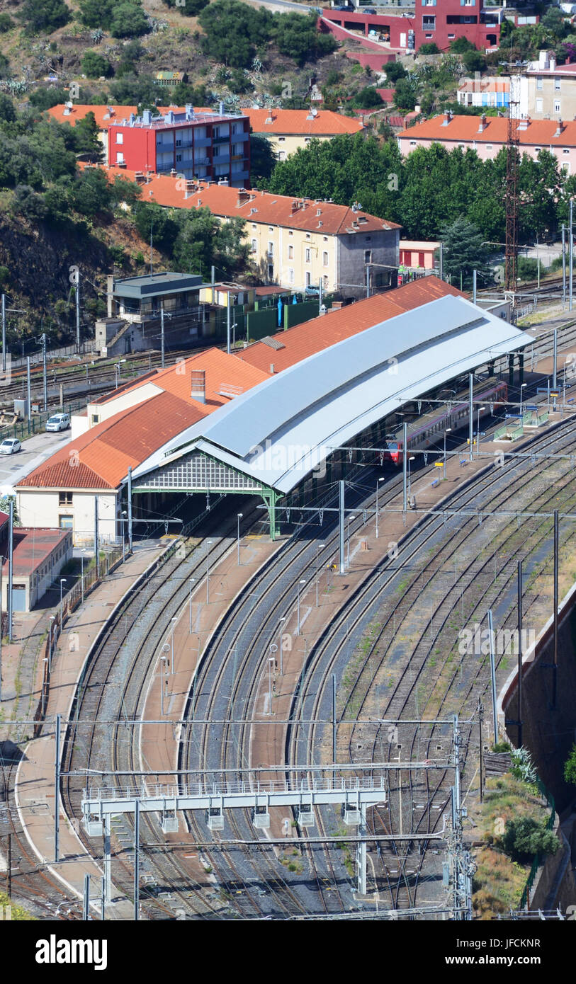 aerial view on Cerbere railway station, Pyrénées-Orientales, Occitanie ...