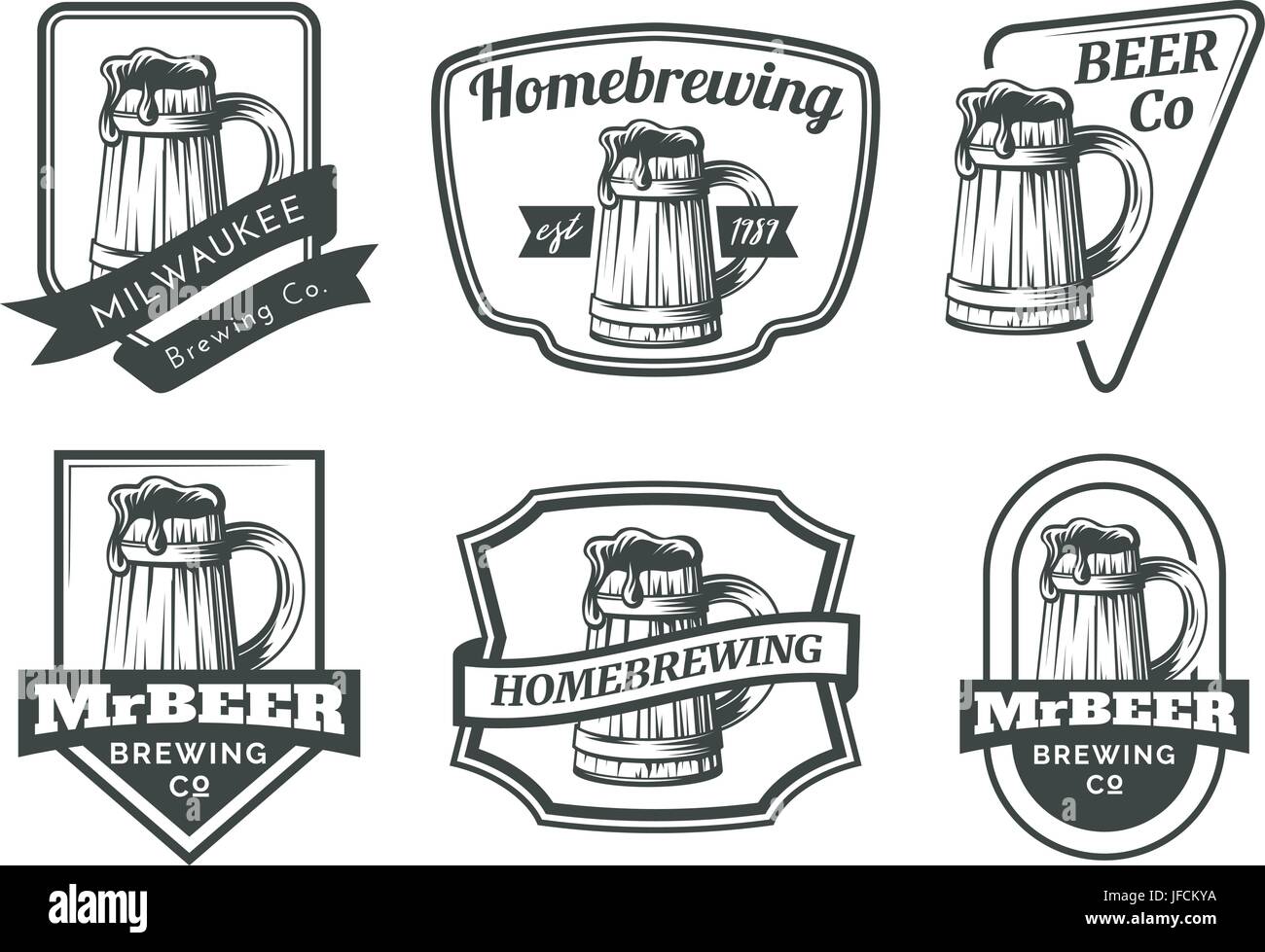 Set of beer mug emblems, badges and logo. Vector illustration on white ...
