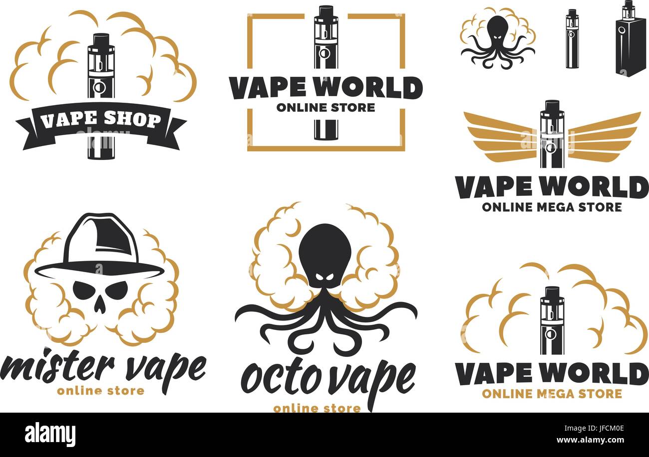 Set of vape, e-cigarette logo, emblems, and badges isolated on white ...
