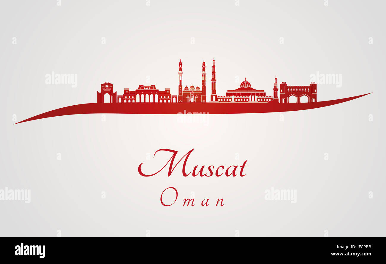 Muscat skyline in red and gray background in editable vector file Stock ...