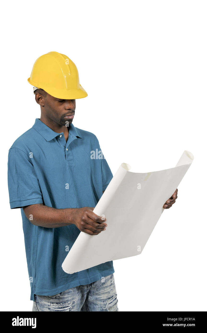 Black Construction Worker with Blueprints Stock Photo - Alamy