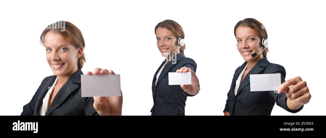 Woman with blank message on white Stock Photo - Alamy