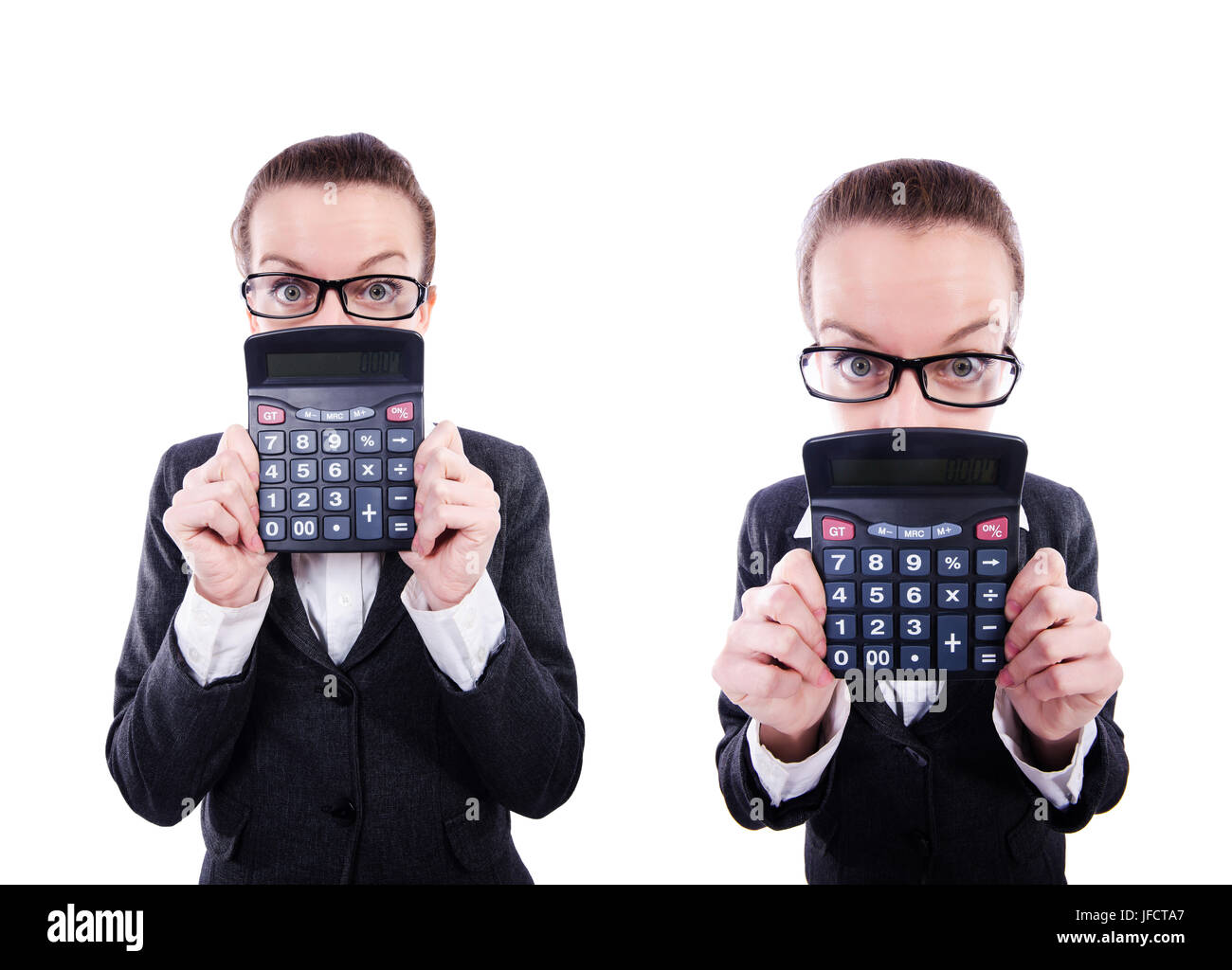 Funny accountant with calculator on white Stock Photo - Alamy